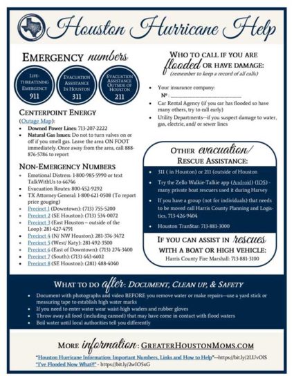 Houston Hurricane Help Printable | Greater Houston Moms